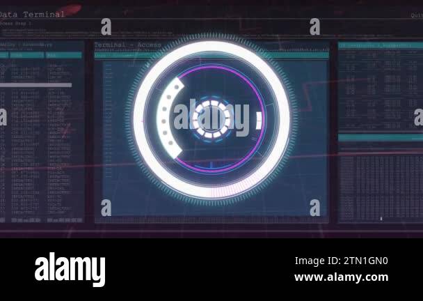 Animation of neon round scanner over interface with data processing against black background ...