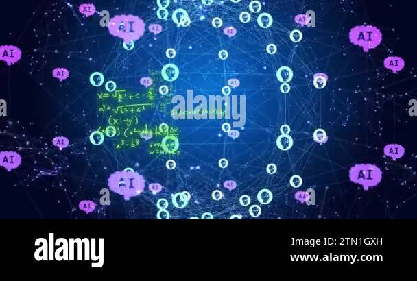 Animation of ai data processing over globe with connections with ai icons. Global artificial ...