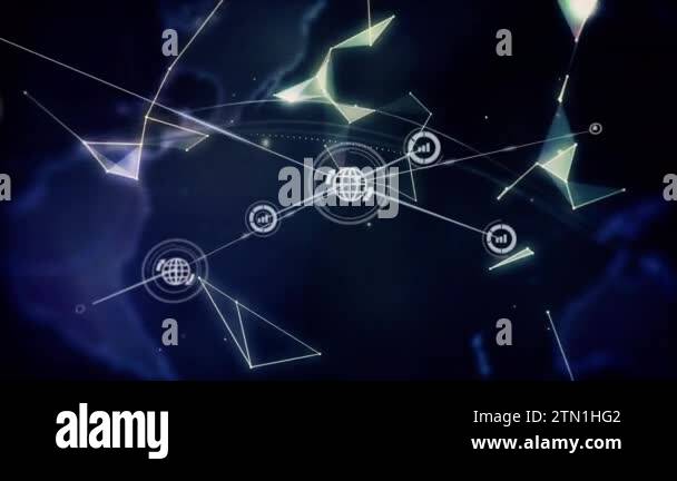Animation of network of digital icons and globe of plexus networks spinning against black ...