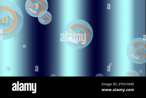 Animation of bar graph icons floating against blue gradient background. Computer interface and ...
