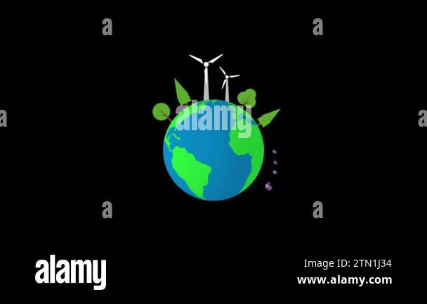 Eco animation of planet with wind power plants and trees. Green earth ...