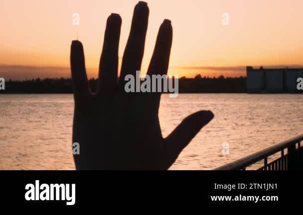 The girl catches the sunlight with her hands at sunset. The light of ...