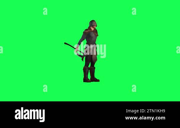 3D animation of a guard man on a green screen guarding and moving his ...