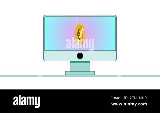 Appearing desktop monitor and animated coin animation on it's display ...