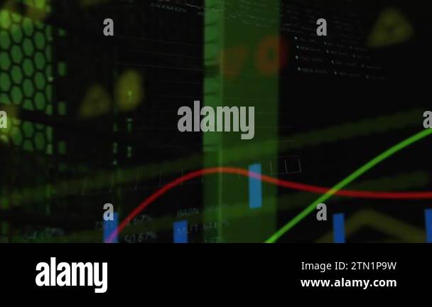 Animation of graphs, binary codes, computer language, trading boards over server room. Digital ...