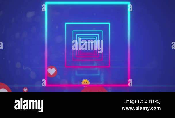 Animation of smiley, thumbs up and heart icons over looping squares ...