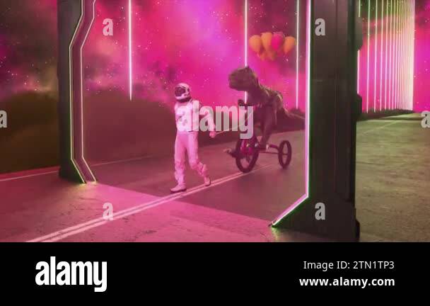 Astronaut and the Dinosaur on a bicycle pass through the transparent ...