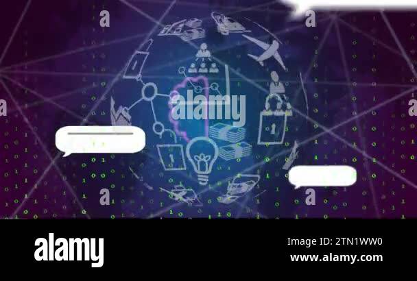 Animation of ai chat and data processing over globe on purple background. Global artificial ...