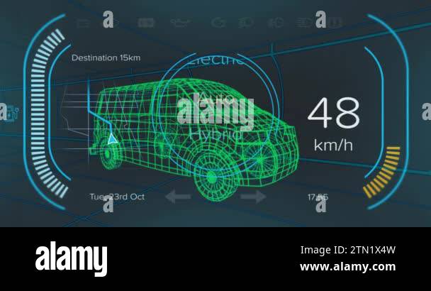 Animation of speedometer with texts, changing numbers over 3d model of van against black ...