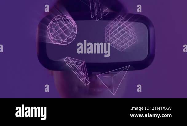 Animation of glowing 3d shapes of data transfer over asian woman in vr ...