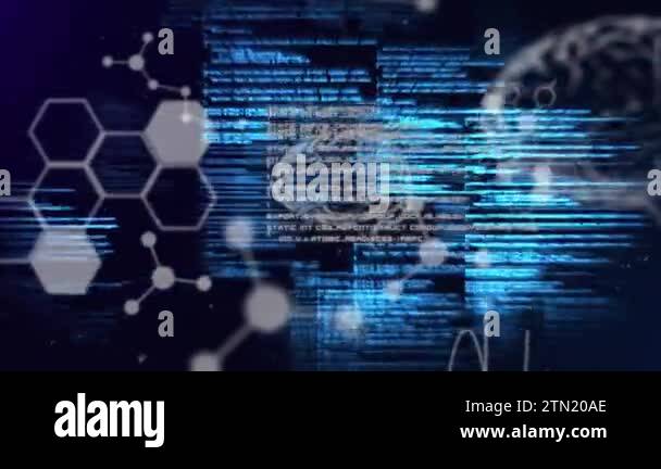 Animation of human brains and scientific data processing on dark background. Global science ...