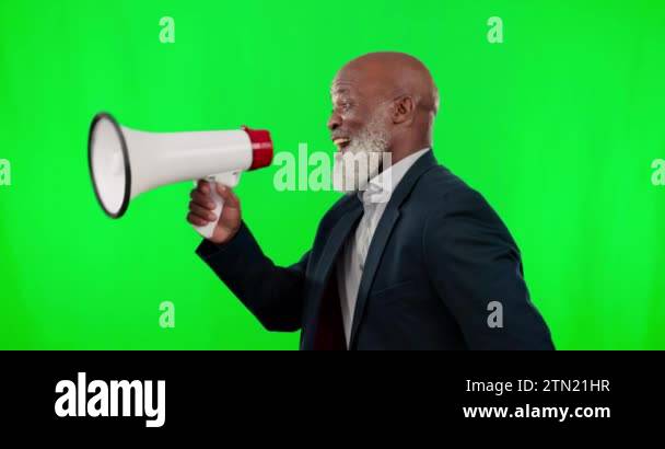 Megaphone, green screen and black man isolated on studio background ...