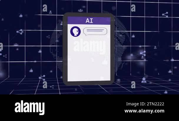 Animation of ai chat and data processing over tablet screen and grid. Global artificial ...