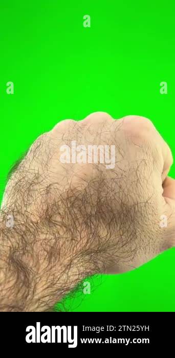 male hairy hand on a green chroma key background seems to hold while ...