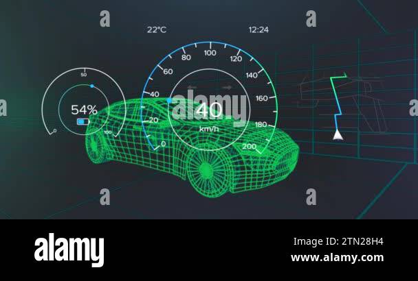 Animation of speedometer with texts, changing numbers, arrow on map ...