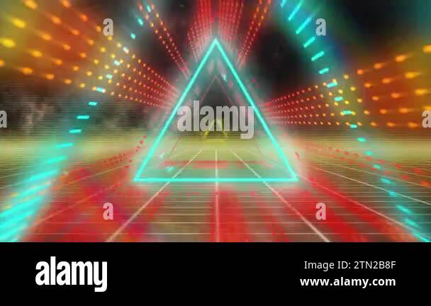 Animation of neon triangular tunnel in seamless pattern over grid network against black ...