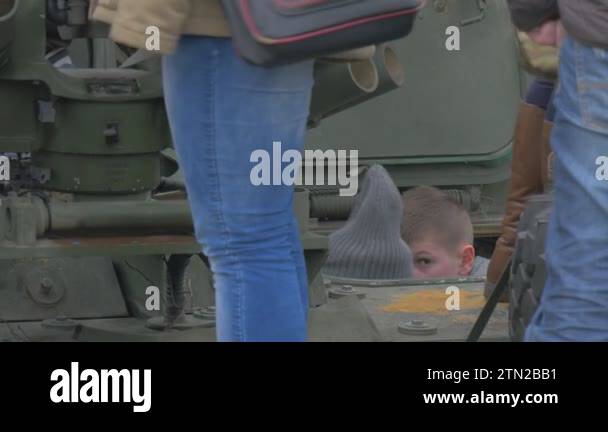 People Kids on a Tank Turret Excursion Military Camp Nato Opole ...