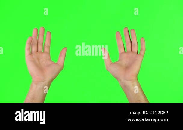 Wave, greeting and green screen with hands of man for excited, hello ...