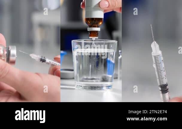 concept of medicine, woman hand drips medicine into a glass of water ...