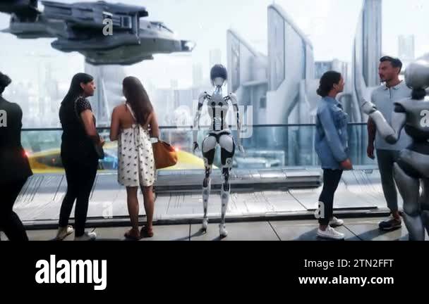Futuristic city. 3d people and robots. Future concept. Realistic 4k ...