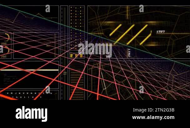 Animation Of Graph Loading Circles Navigation Pattern Over Grid Pattern Against Black 