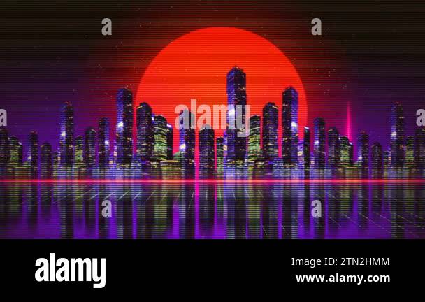 Neon retro city background. Futuristic city 80s 90s in style synthwave ...