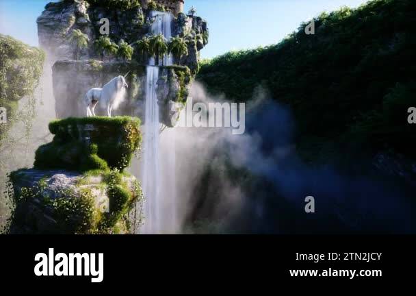 Magic unicorn and fantasy fairytale flying rocks. Realistic 4k ...