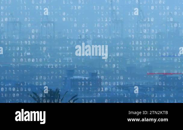 Animation Of Glitched Looping Binary Codes Over Fog Covered Under Construction Modern Buildings