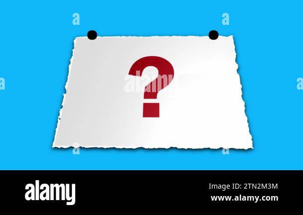 Question marks written on white torn paper note pad notes blue ...