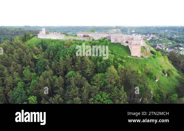 Ancient ruins of Kremenets Castle on a hill from a birds eye view ...