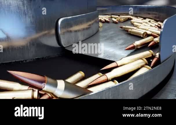 Process of production of bullets. Industrial concept. Factory equipment ...