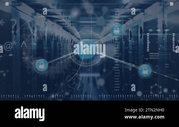 Animation of connected icons over looping symbols and loading bars against server room. Digital ...