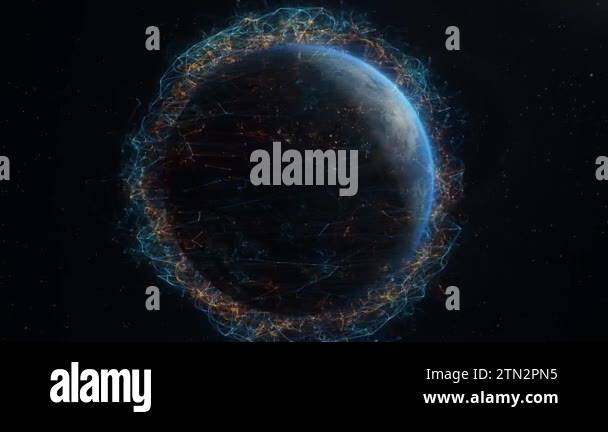 Animated digital lines over the Earth planet. Transmit 5G ...