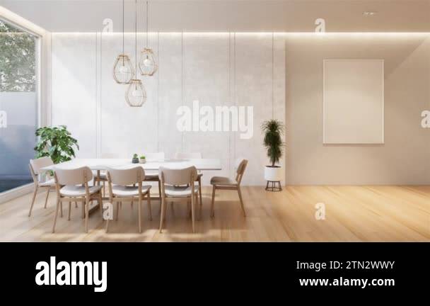 Animation minimal interior of the dinning room with a white base tone ...
