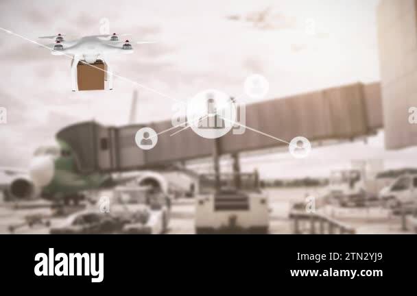 Animation of connected icons over drone carrying cardboard box against ...