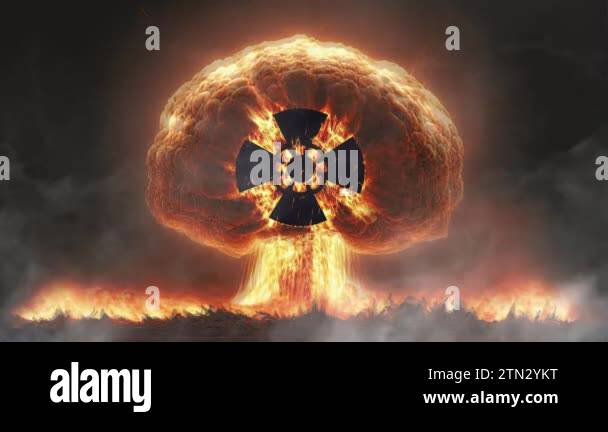 mushroom of fire of a nuclear explosion in the skyline creating a ...