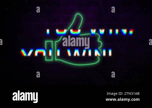 Animation of vhs effect over you win text banner and neon like icon ...