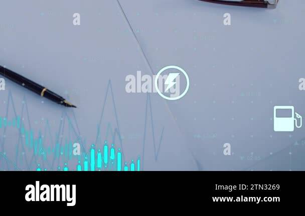 Animation of computer icons over multiple graphs against ink pen on ...