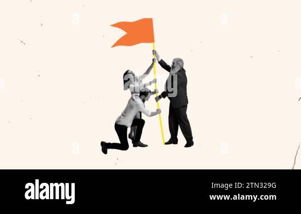 Team success. Contemporary art collage of people holding winning flag ...