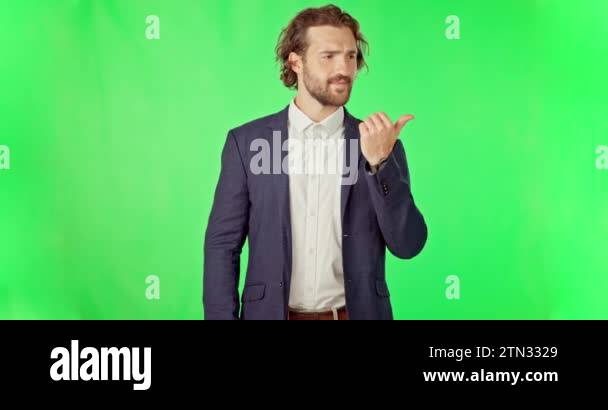 Face, green screen and man pointing, entrepreneur and direction on a ...