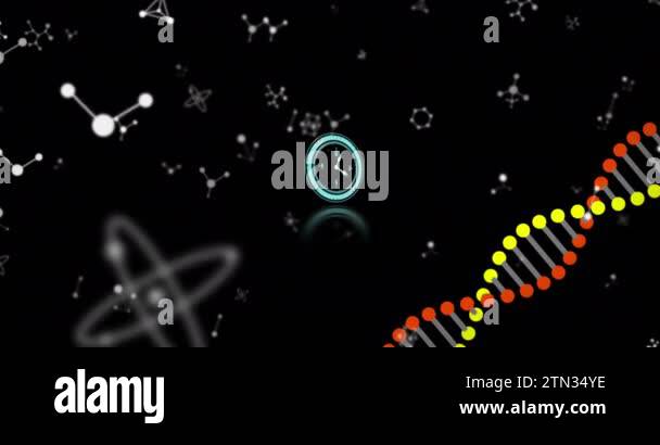 Animation of illuminated digital clock and dna helix over nucleotides against black background ...