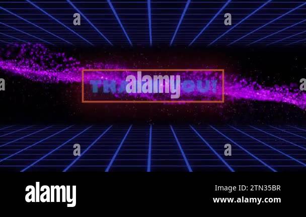Animation of thank you text banner over grid network against purple digital wave on black ...