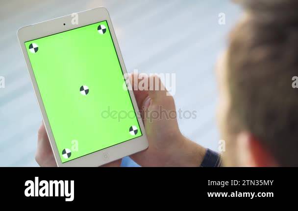 Touch screen on white tablet green screen. Finger Moving Swiping smart ...