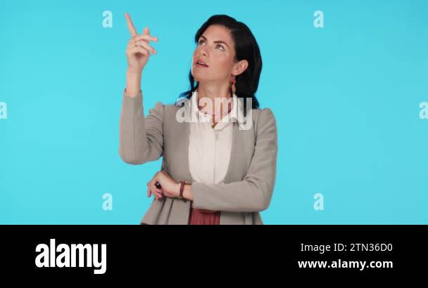 Business thinking, pointing and studio woman gesture at sales product ...
