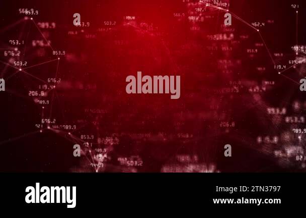 Numbers and plexus lines on red abstract background. Financial indicators that change ...