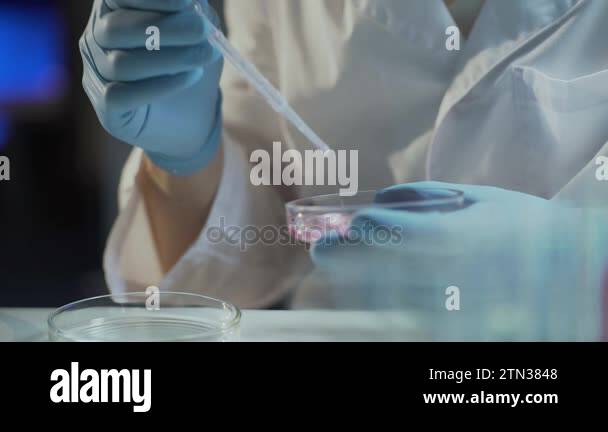 Medical scientist stirring and mixing reagents to get homogeneous ...