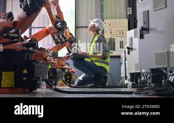Maintenance engineer worker working with robotic machine automation at factory, Female ...
