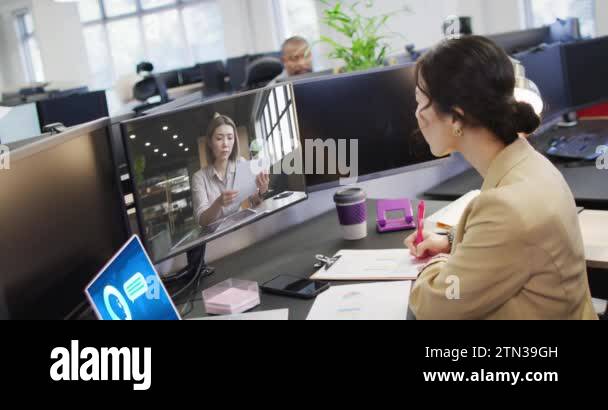 Composition of asian businesswoman using computer and laptop with ai ...