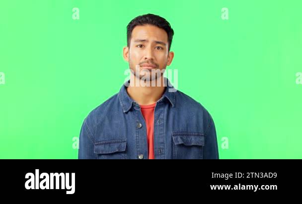 Man, studio and sad portrait on green screen while shaking head for ...