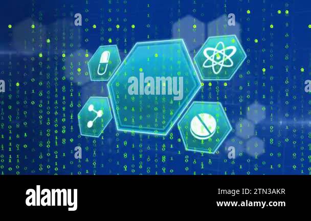 Animation of icon in hexagons over lens flares against falling binary ...